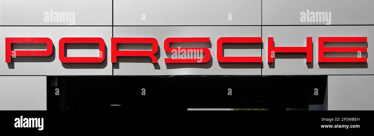 Porsche lettering, Porsche Centre, Mahag, Munich, Bavaria, Germany ...