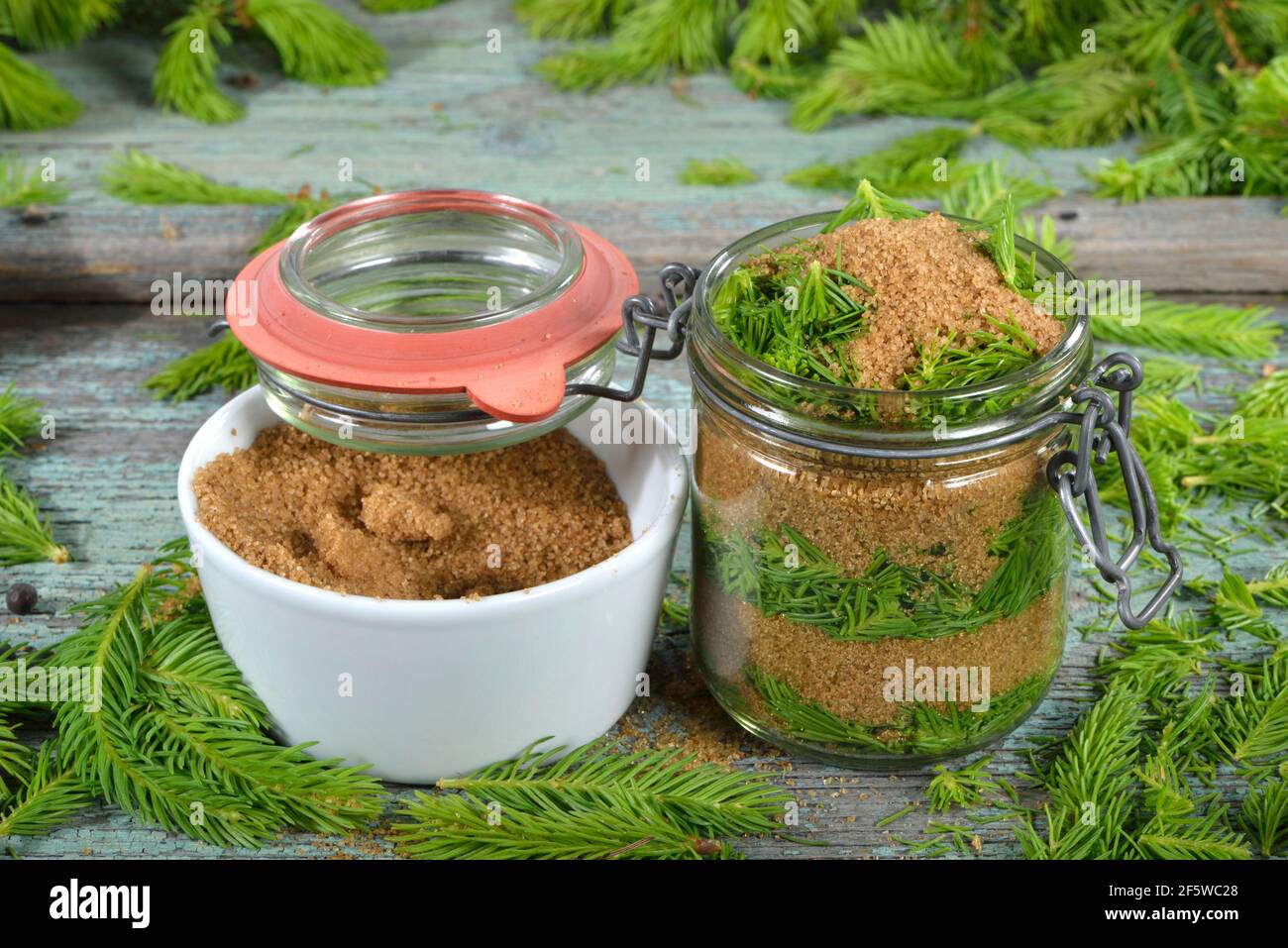 Production spruce tip honey, Bauner sugar, spruce branches Stock Photo ...