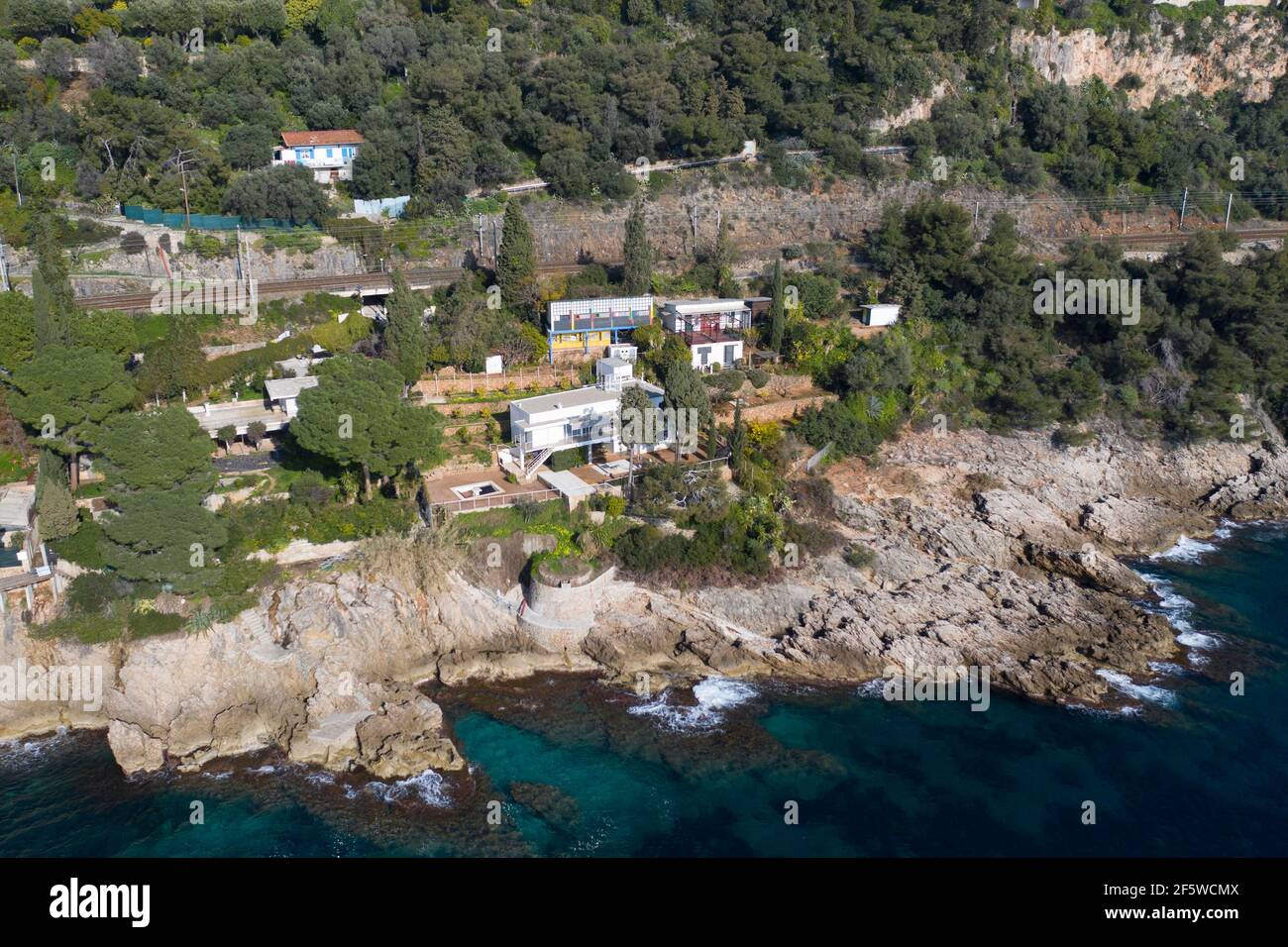 Aerial view rocky coast with the villa E-1027 by Eileen Gray and the ...