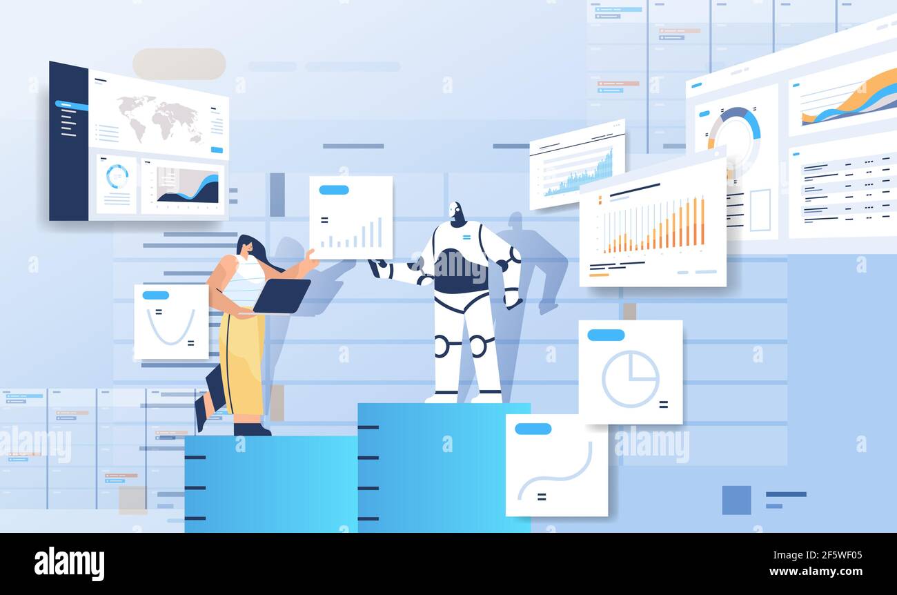 Robot With Businesswoman Analyzing Statistics Graphs Financial Data