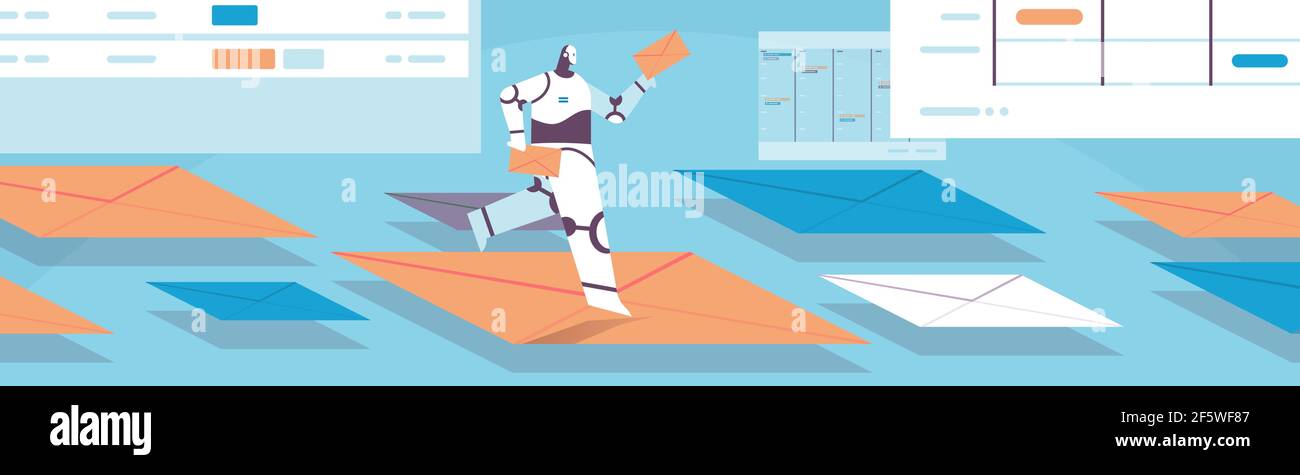 cute robot chatbot sending and receiving envelopes email letters online ...