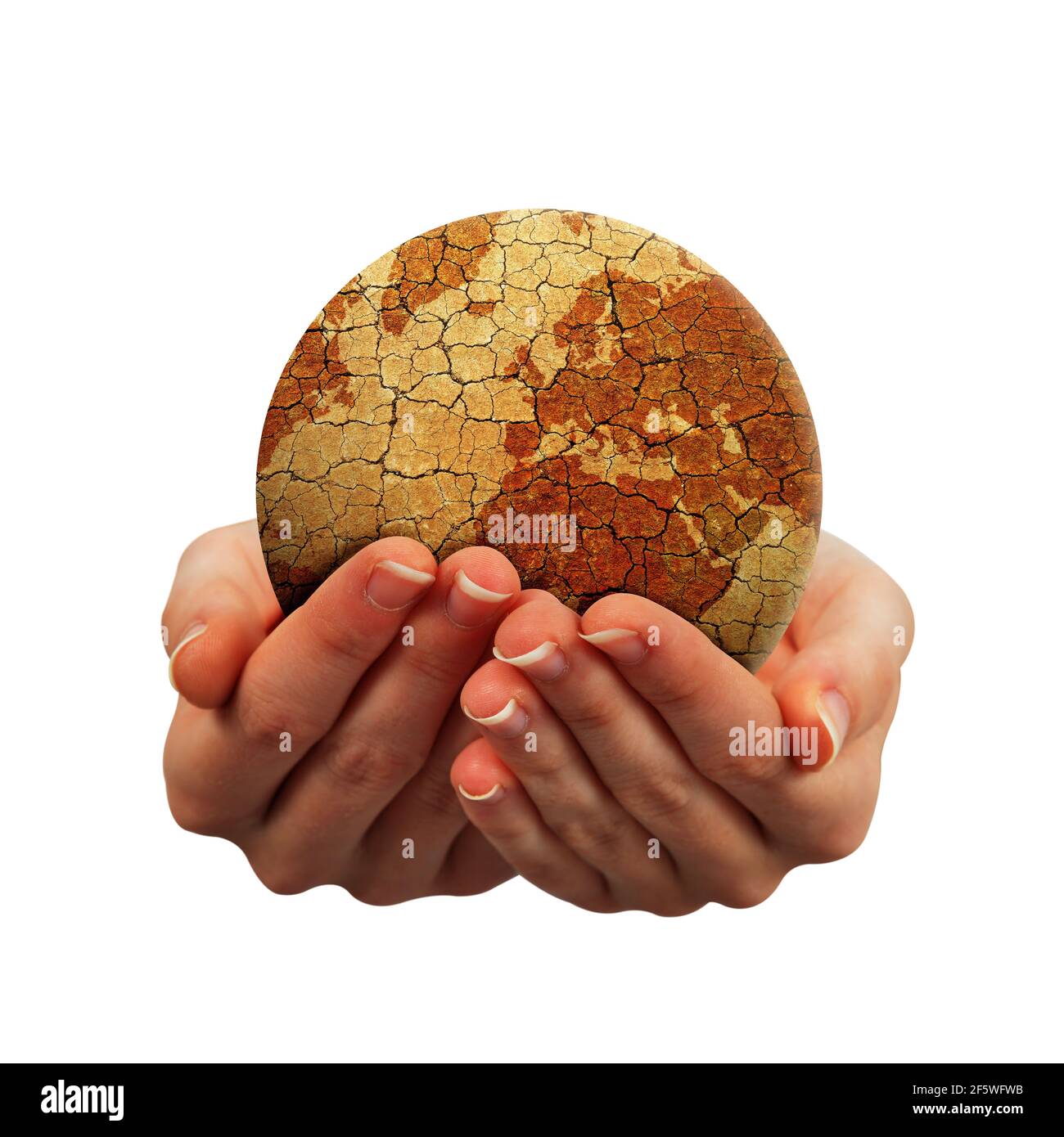 Parched planet earth in hands isolated on a white background. Global ...