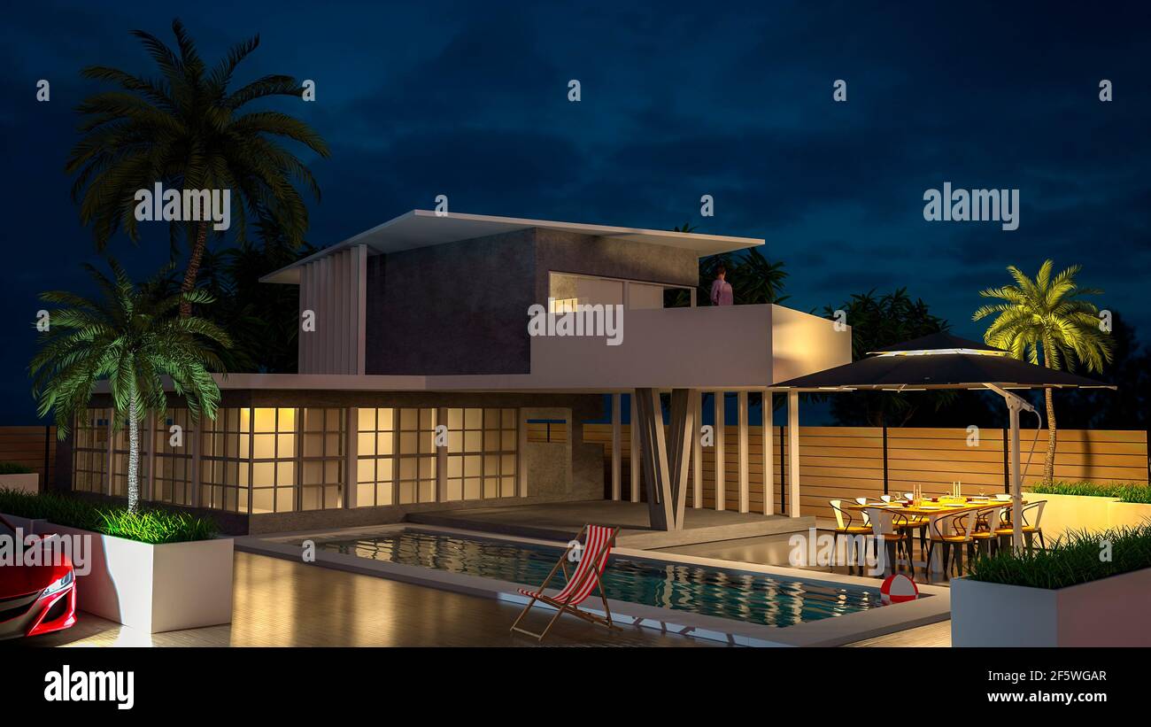 White mansion pool night hi-res stock photography and images - Alamy