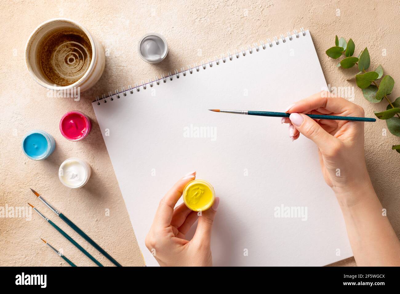 female hands drawing with paints in sketchbook Stock Photo - Alamy