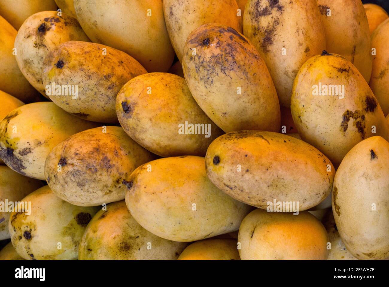 Fresh ripe fruits on display in a public market. Close up shot with ...