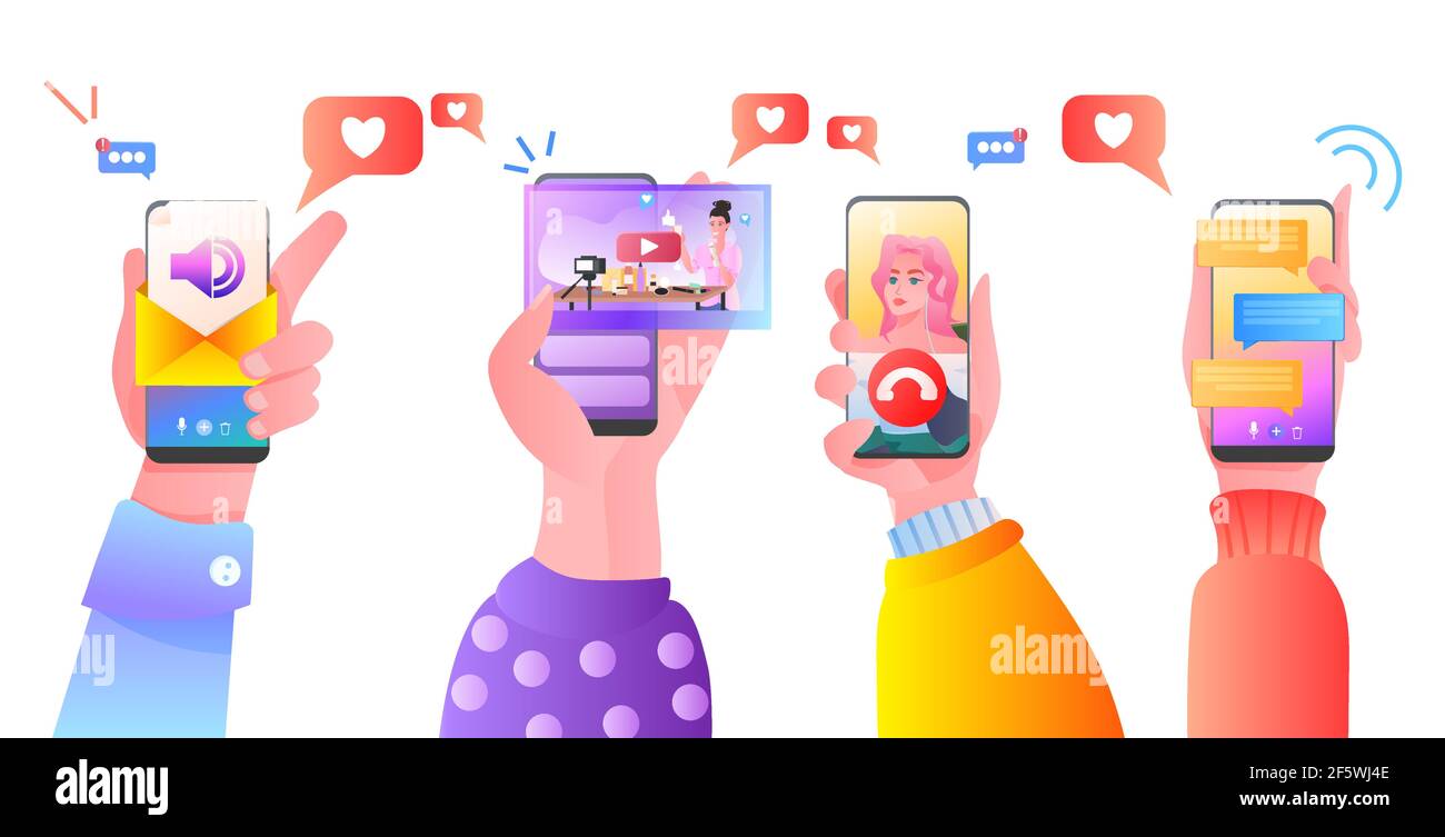 human hands using smartphones social media network online communication ...