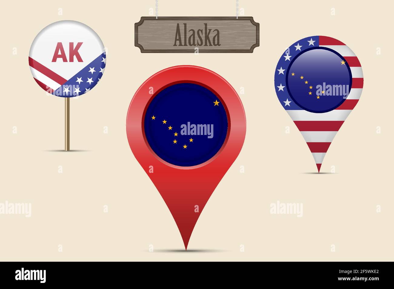 Alaska US state round flag. Map pin, red map marker, location pointer ...