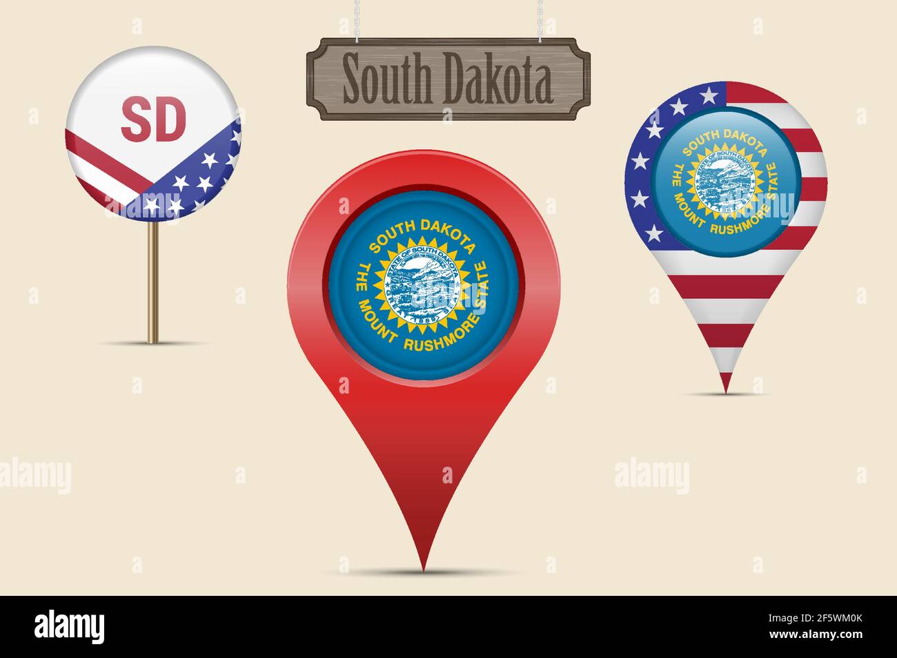 South Dakota US state round flag. Map pin, red map marker, location ...