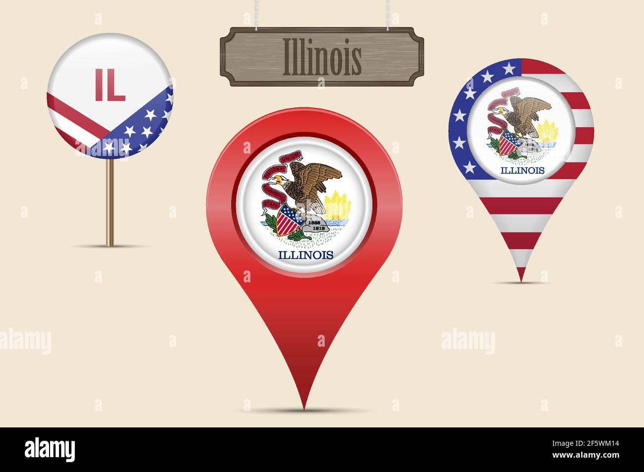 Illinois US state round flag. Map pin, red map marker, location pointer ...