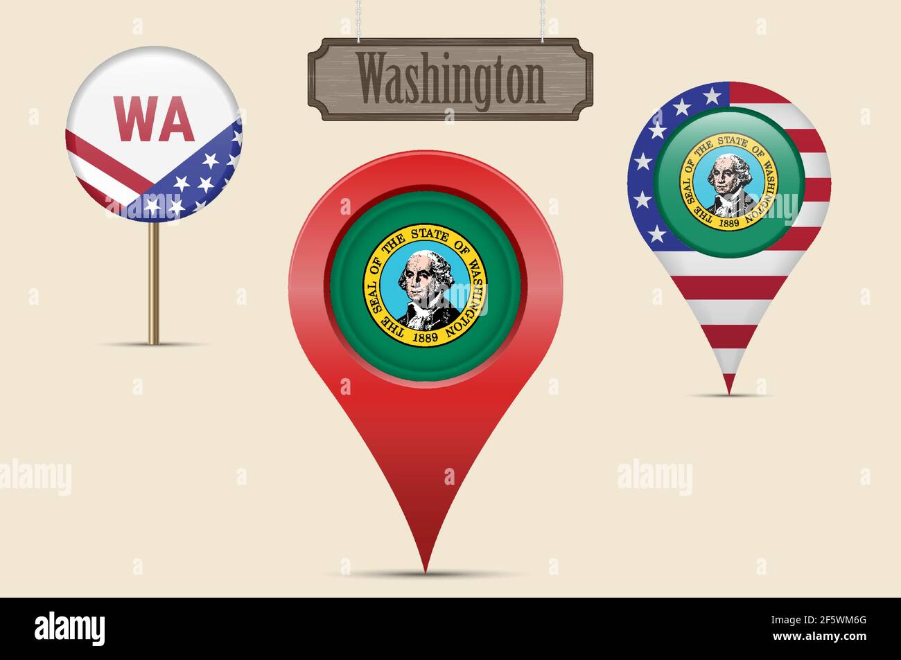 Washington US state round flag. Map pin, red map marker, location ...