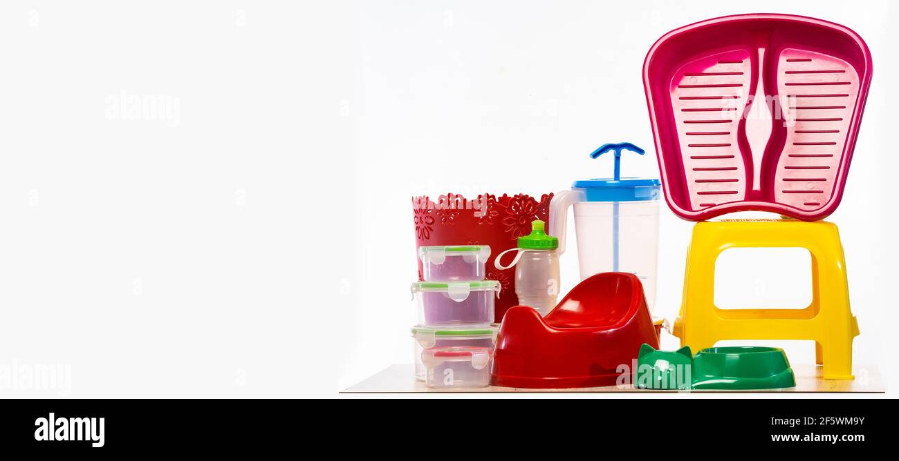 Set of plastic household objects - White background Stock Photo - Alamy