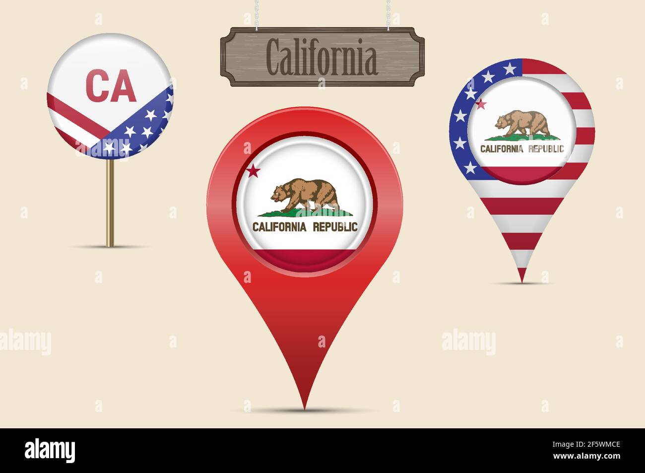 California US state round flag. Map pin, red map marker, location ...