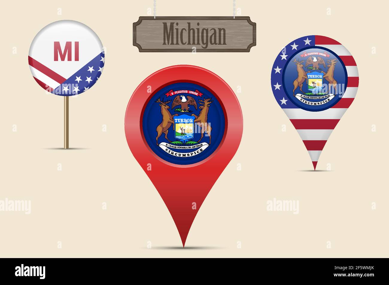 Michigan US state round flag. Map pin, red map marker, location pointer ...