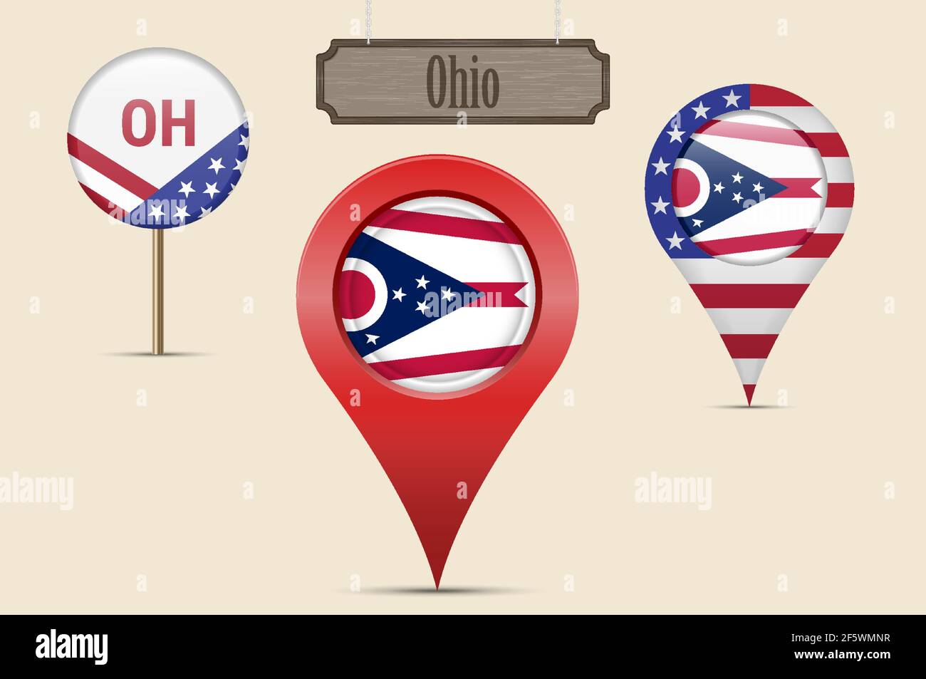 Ohio US state round flag. Map pin, red map marker, location pointer ...