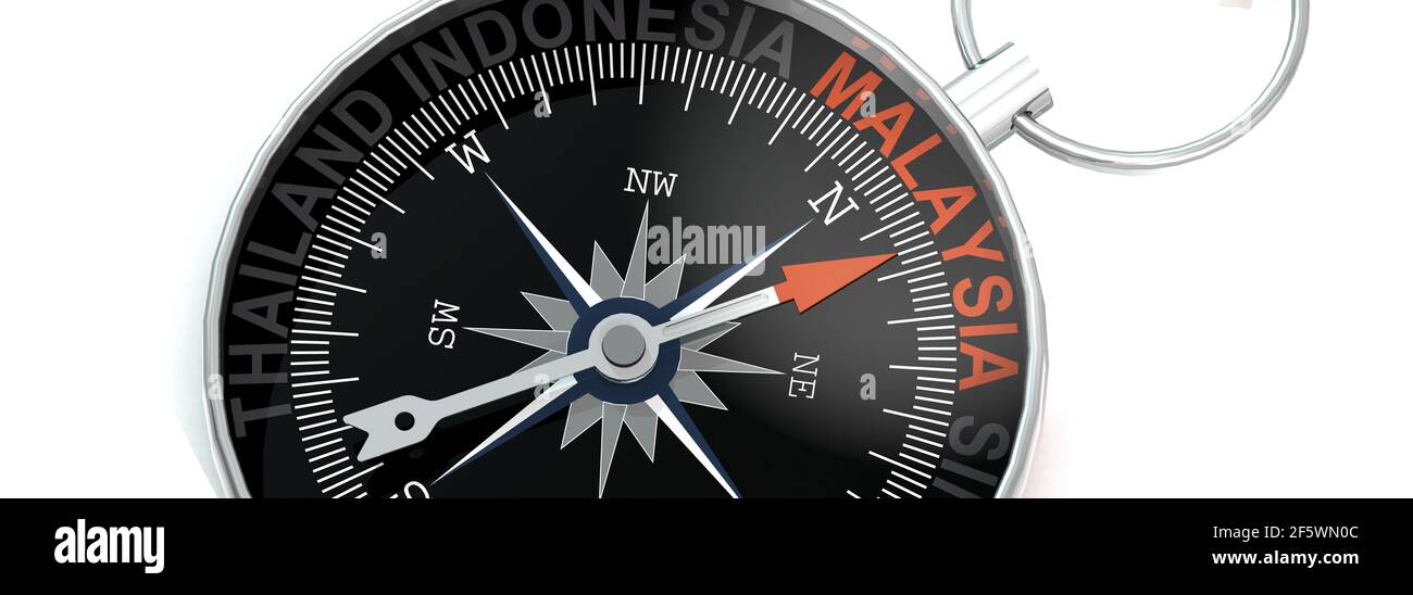 A 3D rendering of a compass pointing to Malaysia isolated on a white ...