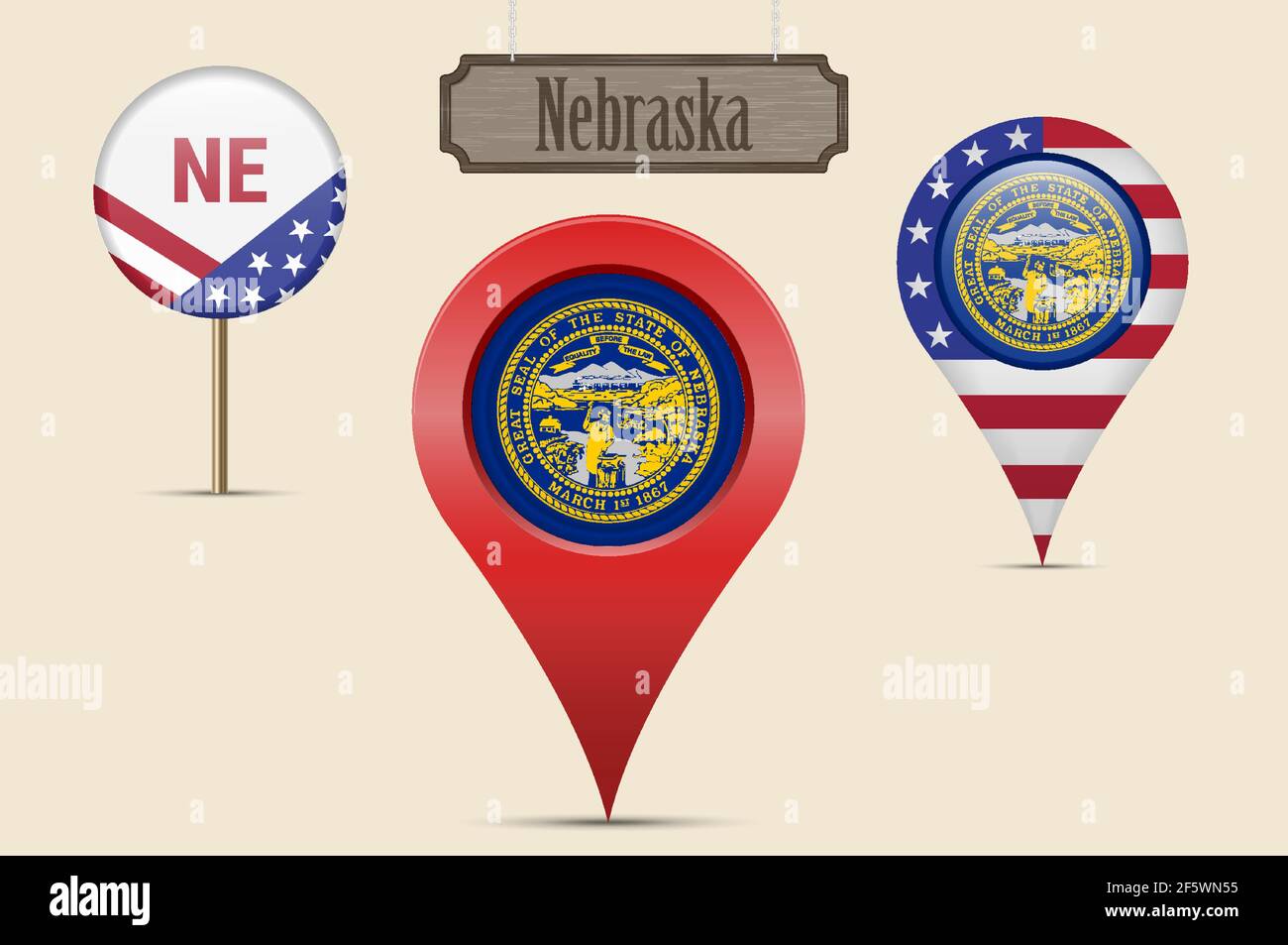 Nebraska US state round flag. Map pin, red map marker, location pointer ...