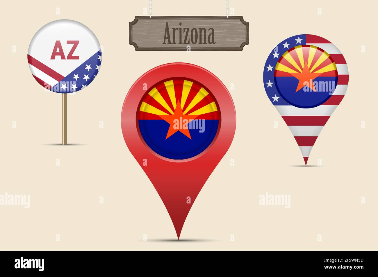 Arizona US state round flag. Map pin, red map marker, location pointer ...