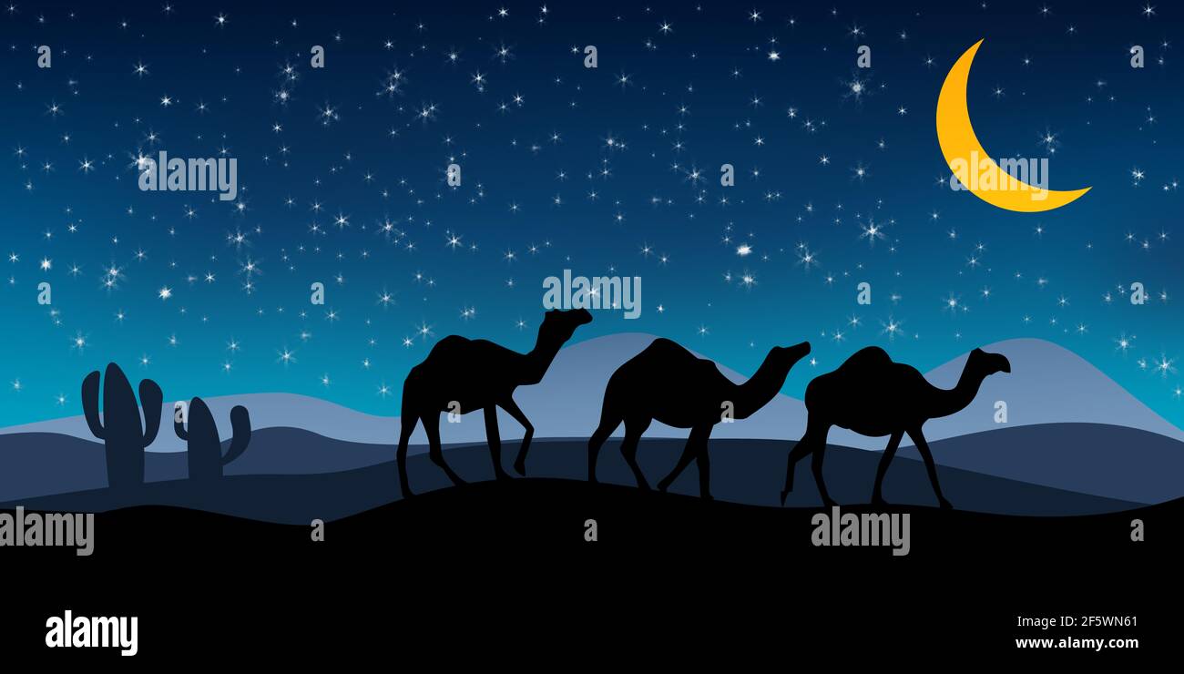 An illustration of a caravan in a desert under a starry sky at night ...