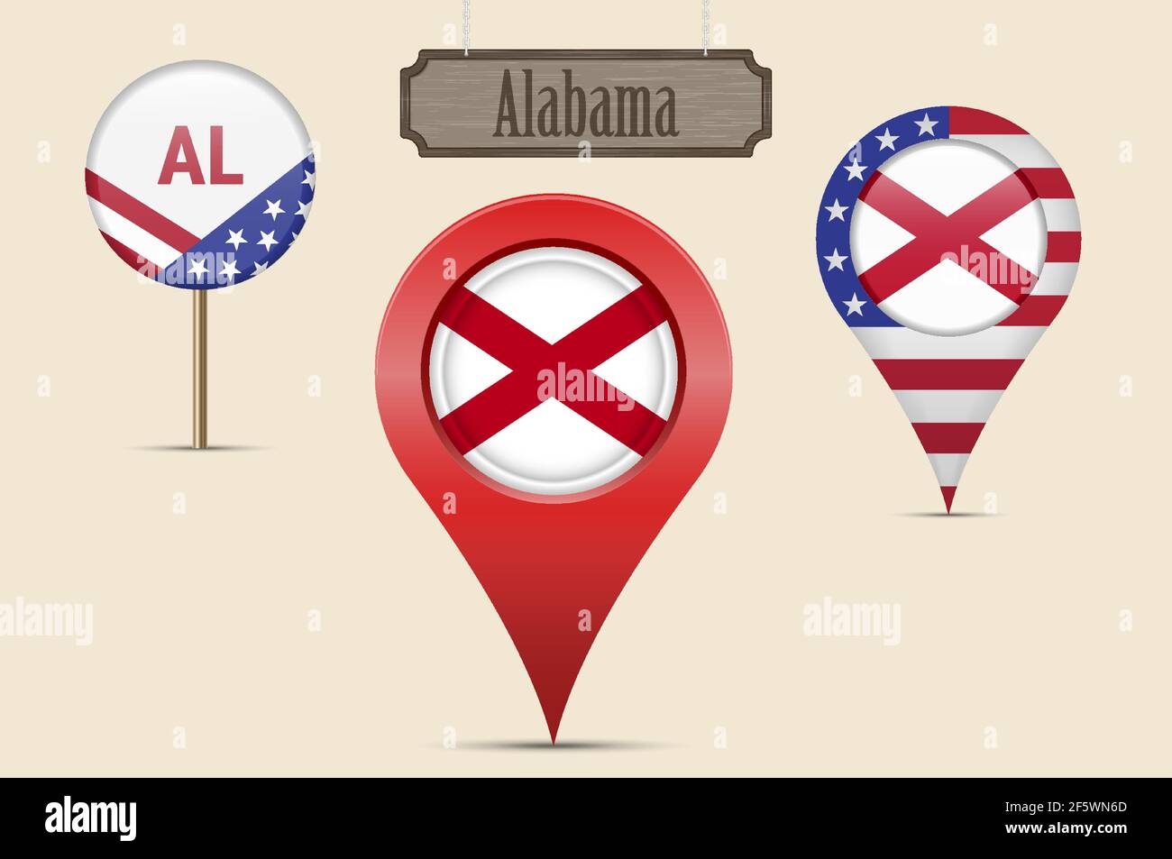 Alabama US state round flag. Map pin, red map marker, location pointer ...