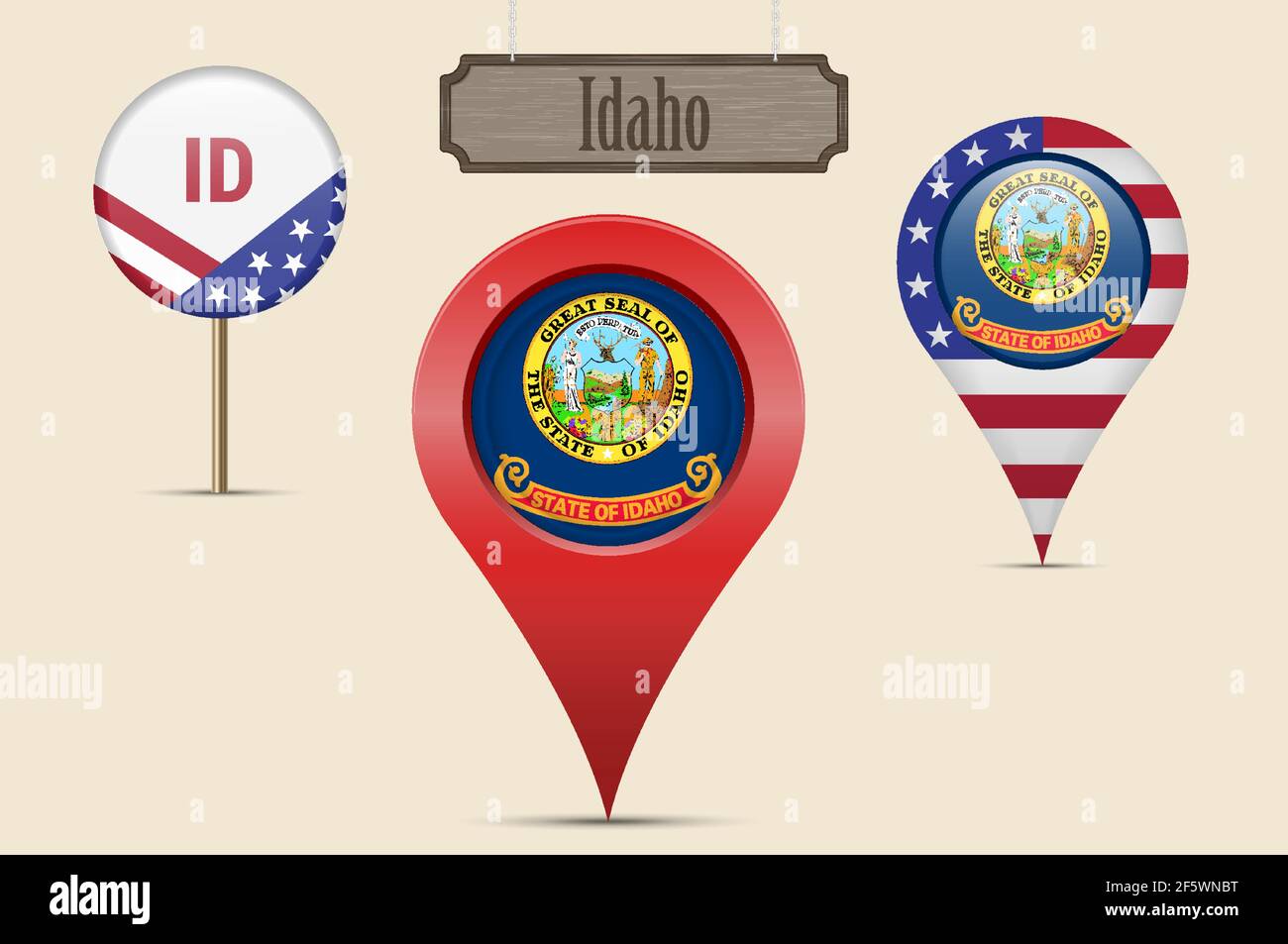 Idaho US state round flag. Map pin, red map marker, location pointer ...
