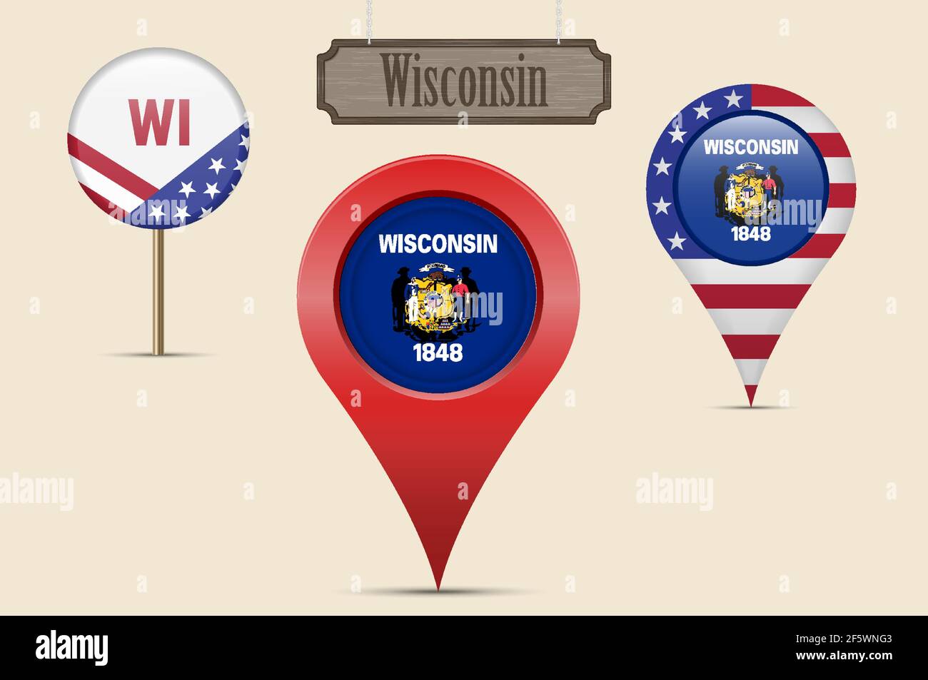 Wisconsin US state round flag. Map pin, red map marker, location ...