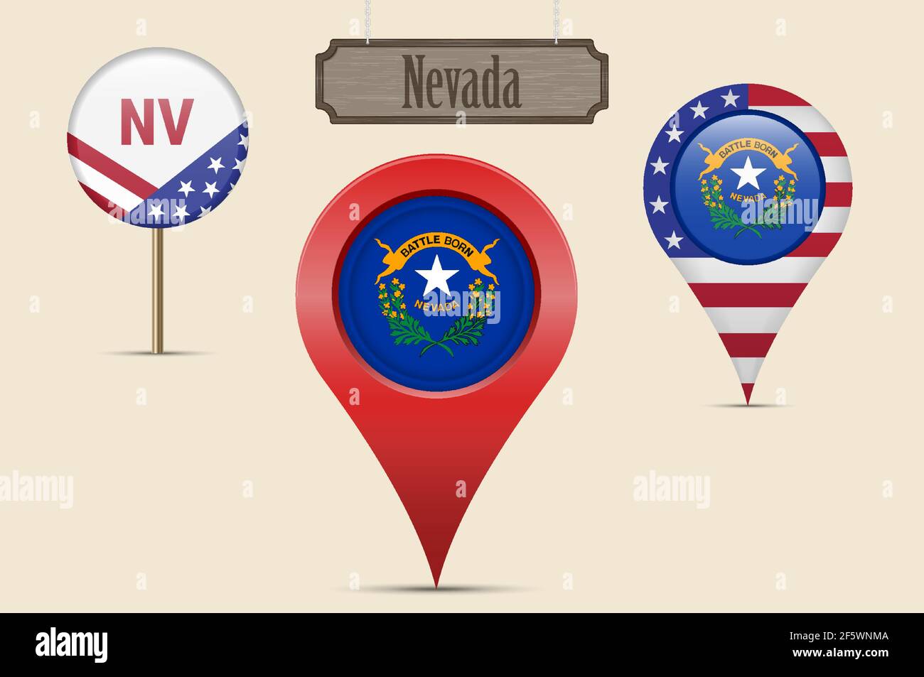 Nevada US state round flag. Map pin, red map marker, location pointer ...