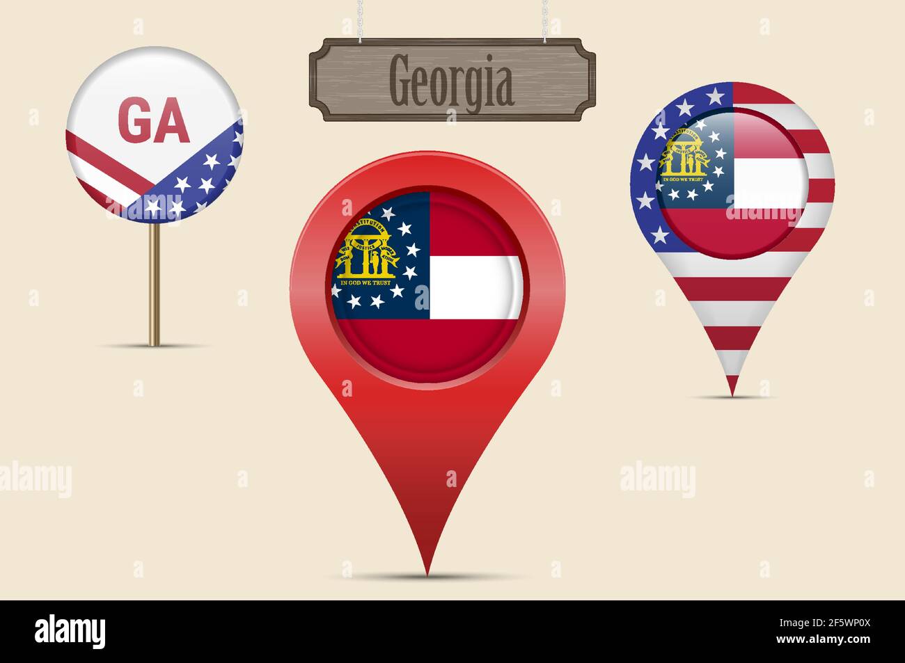 Georgia US state round flag. Map pin, red map marker, location pointer ...