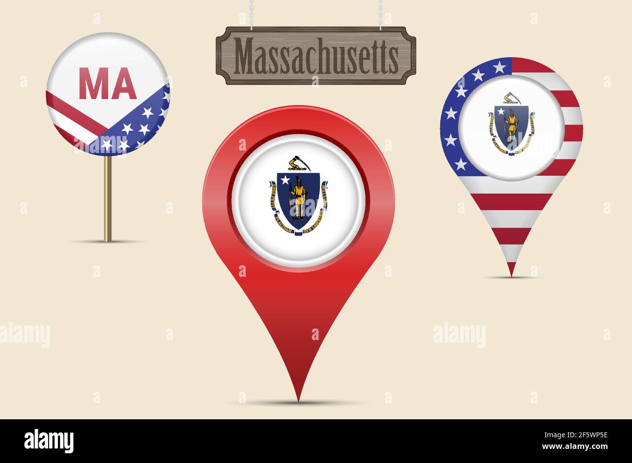 Massachusetts US state round flag. Map pin, red map marker, location ...