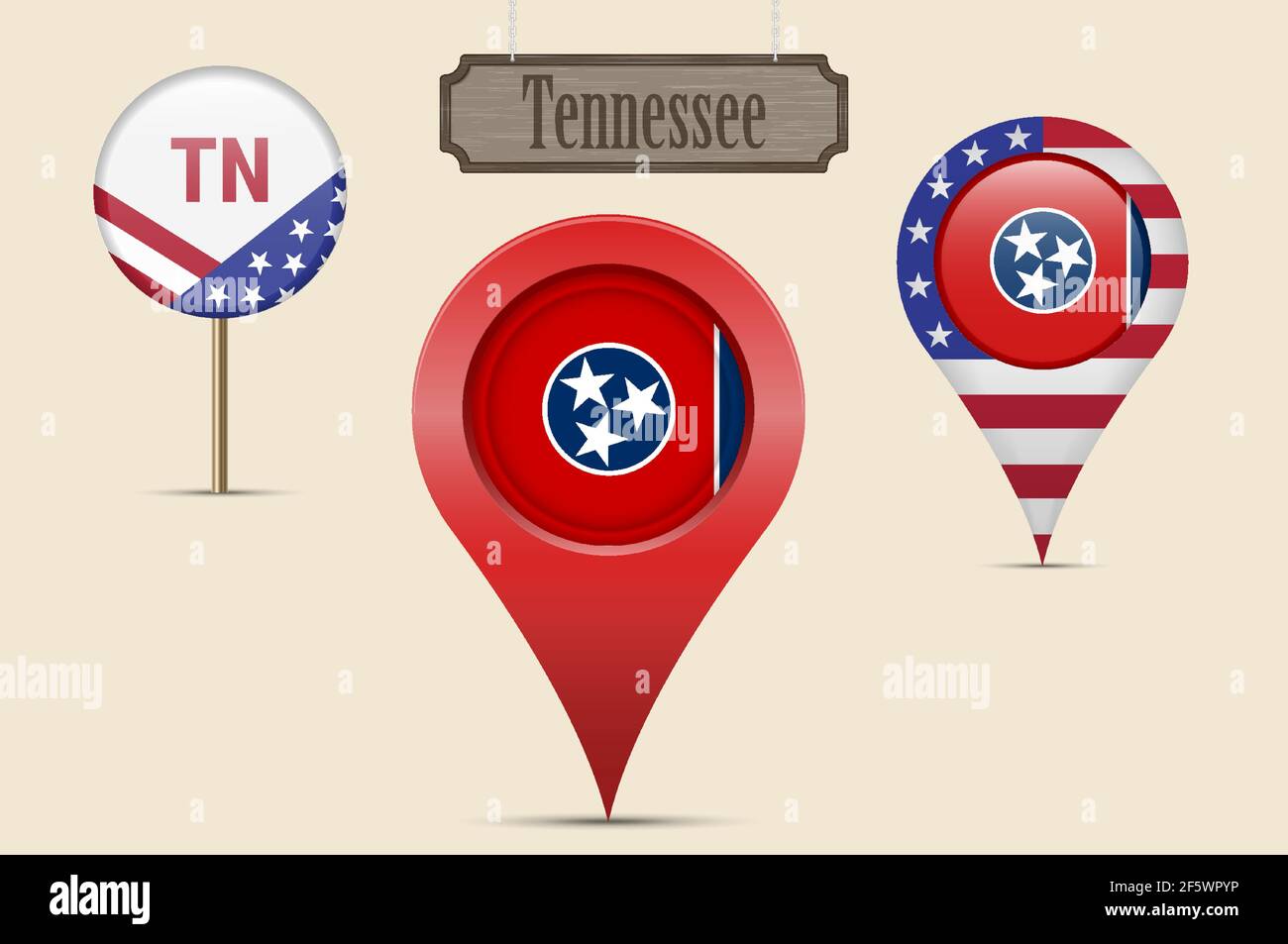 Tennessee US state round flag. Map pin, red map marker, location ...