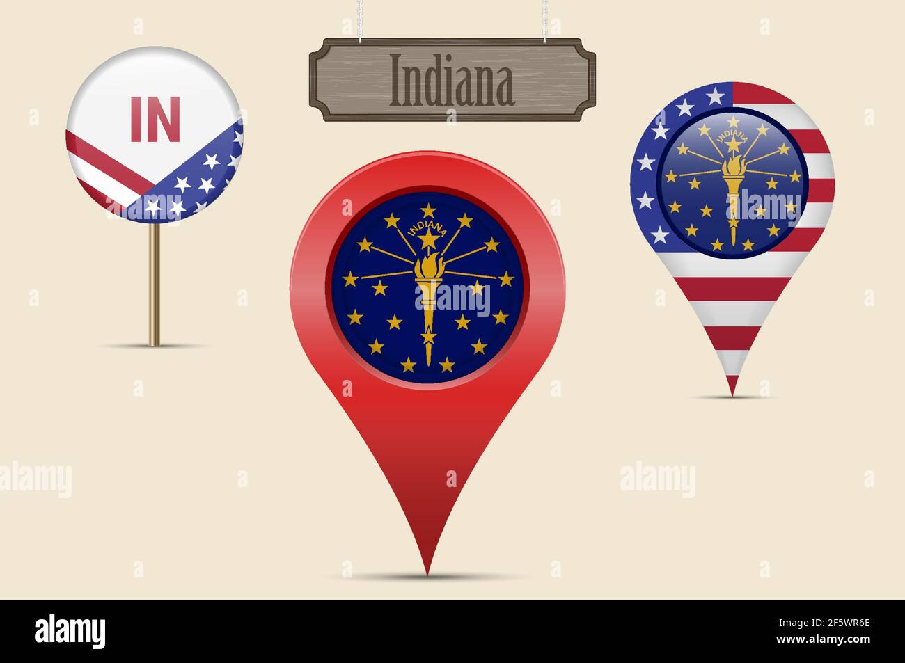 Indiana US state round flag. Map pin, red map marker, location pointer ...