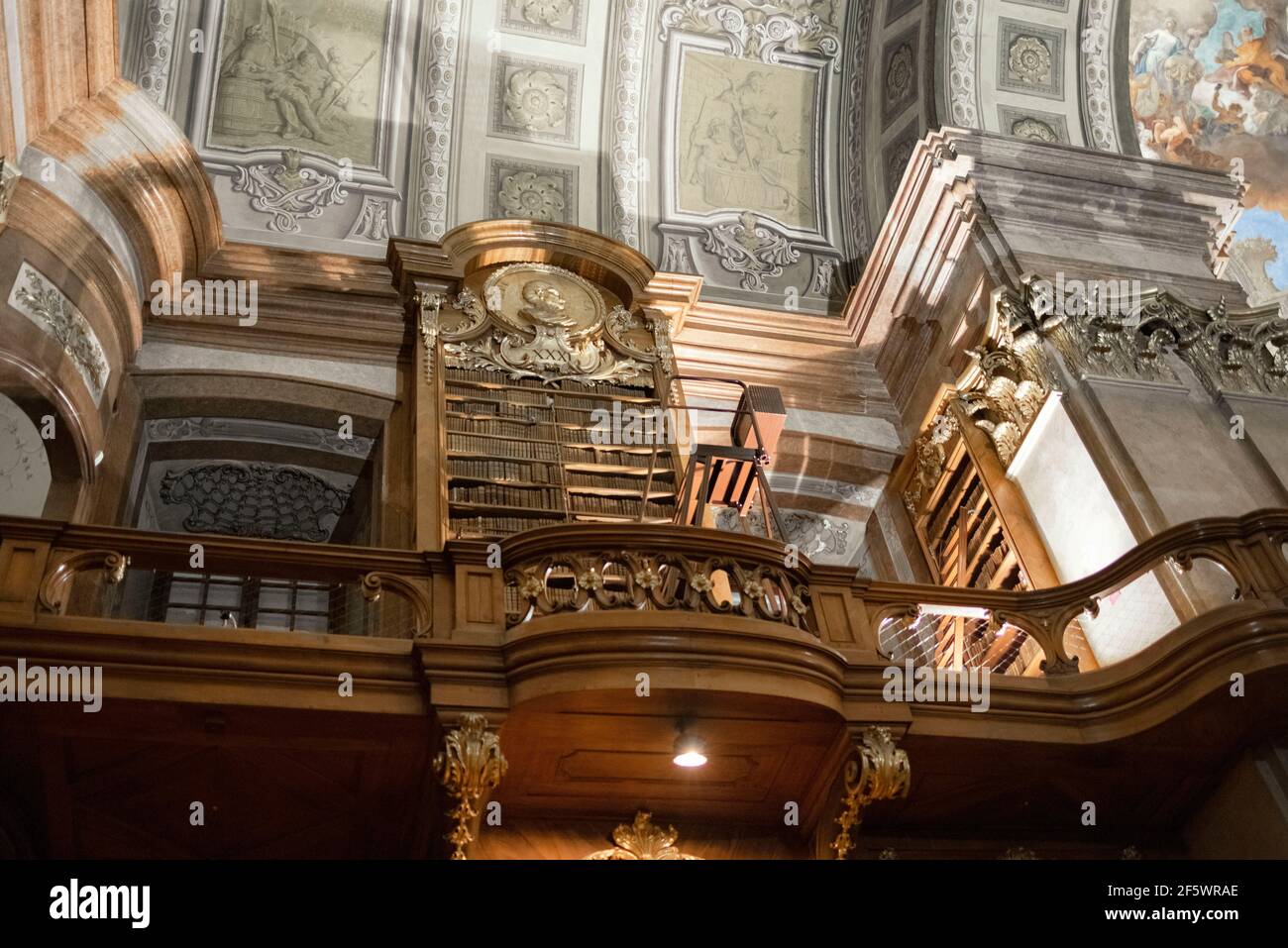 October 5, 2019 Vienna, Austria. Old large library with many shelves ...