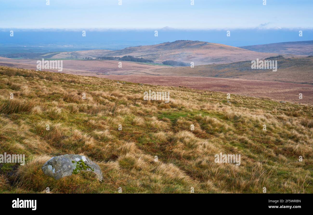 View from lower slopes of High Willhays looking over the valley of the ...