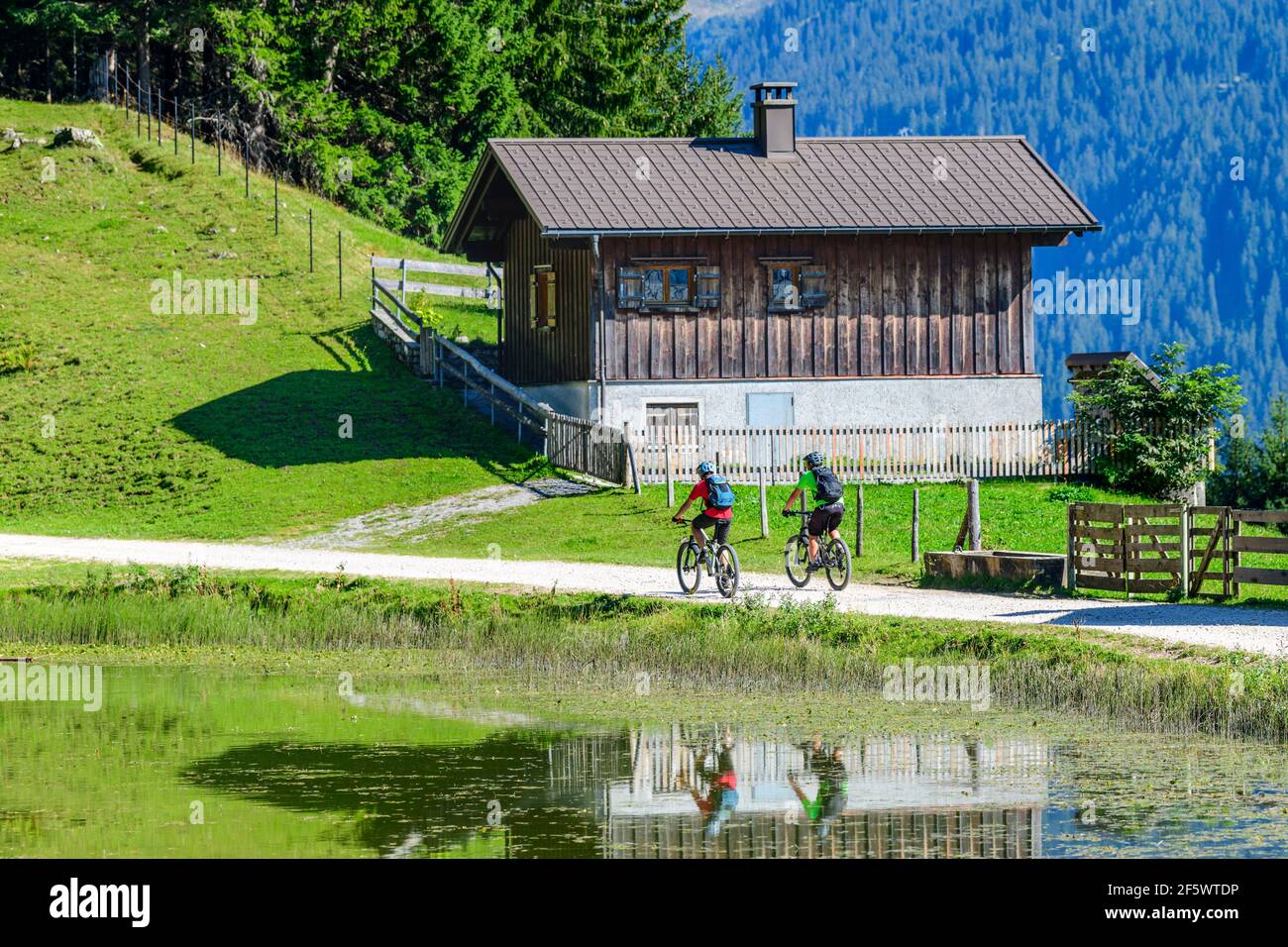 Two friends cycling in beautiful alpine nature Stock Photo - Alamy