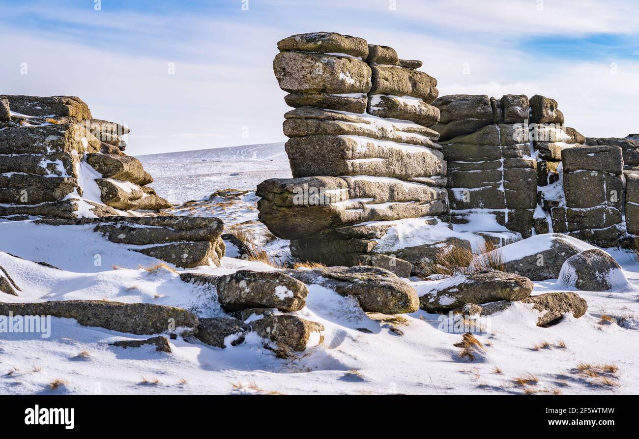 Dramatic granite rock formation caused by erosion on snowy East Mill ...