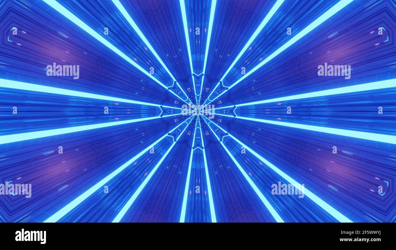 A 3D rendering of a kaleidoscope hallway towards a portal with blue ...