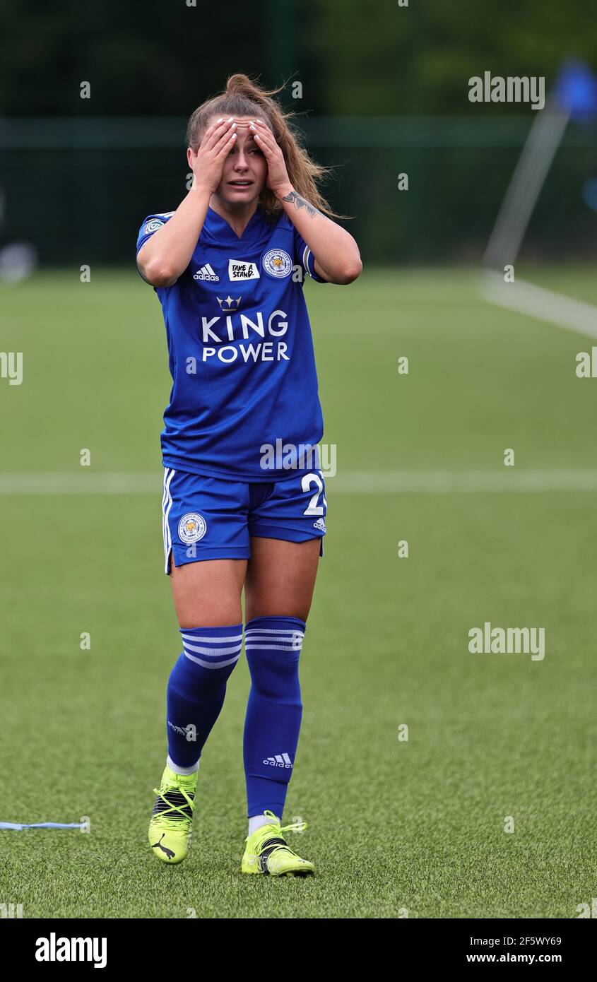 LOUGHBOROUGH, UK. MARCH 28TH: Hannah Cain of Leicester City reacts ...