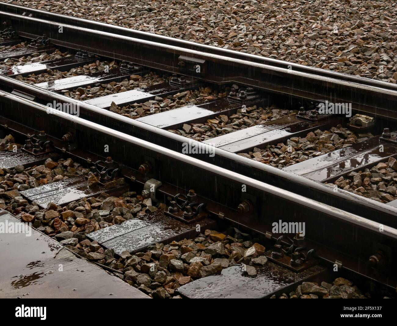 Railroad tracks in heavy rain, water reflections abstract. Wet train ...