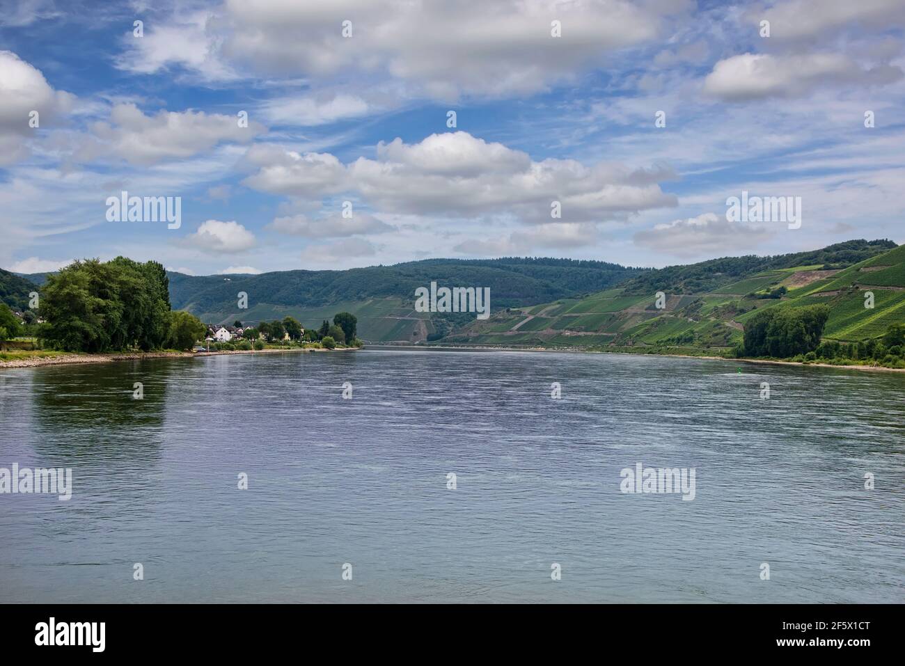 Scenic landscape of the Rhine River and small villages and grape ...