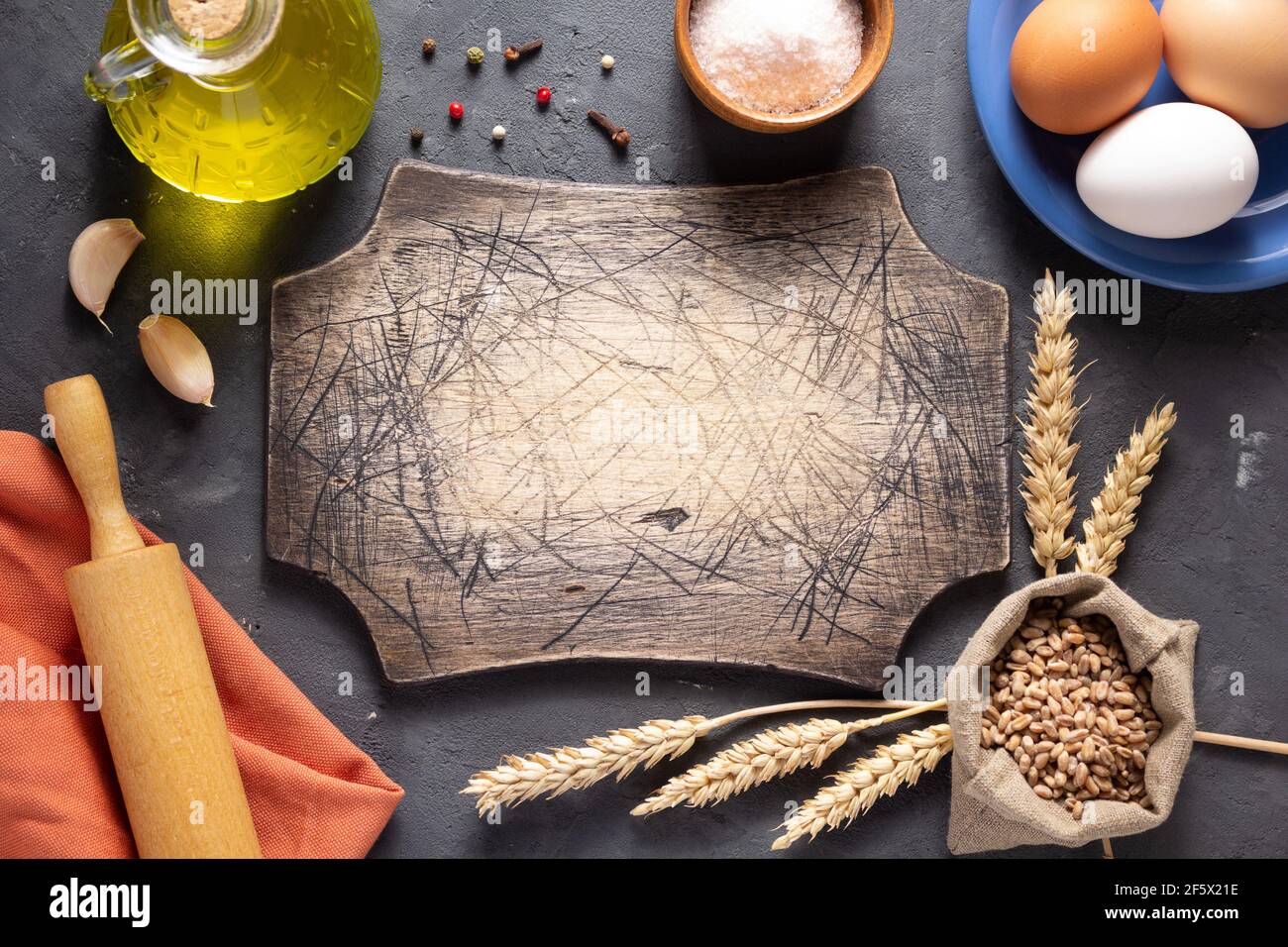 Bakery ingredients for homemade bread baking on table. Food recipe top ...