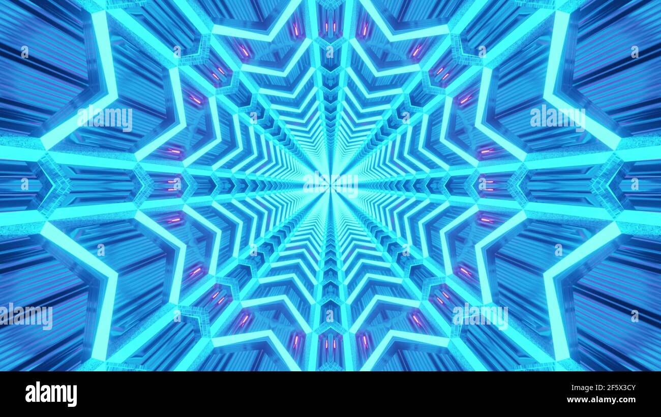 A 3D rendering of a kaleidoscope hallway towards a portal with blue ...