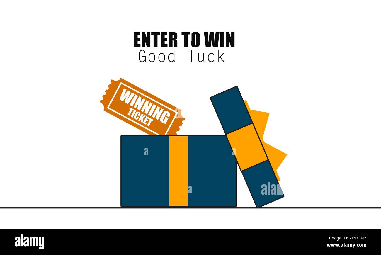 An illustration of a gift box with a winning ticket in it and an "ENTER ...