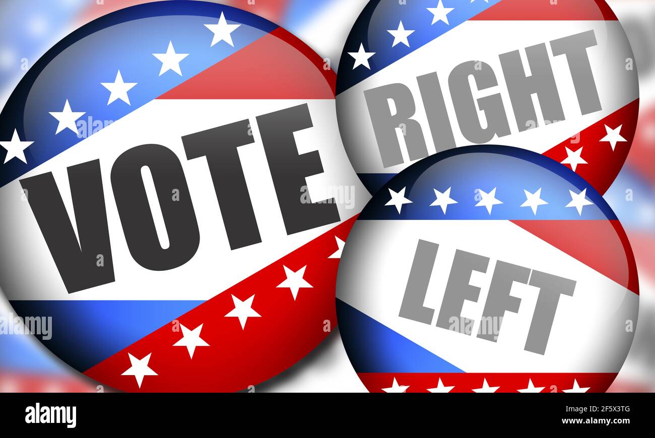 An illustration of badges with the USA flag and "VOTE" "LEFT" "RIGHT ...