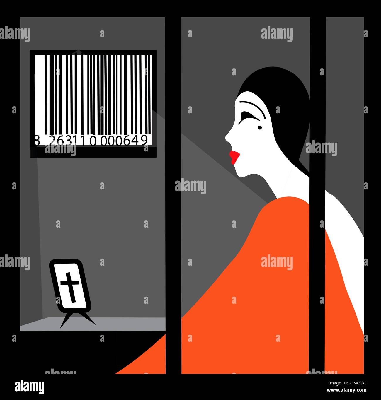 illustration of a prisoner in a cell with its window as a barcode ...