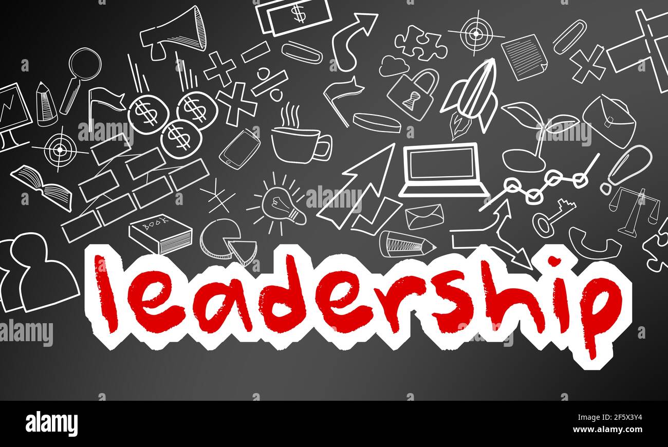 An illustration of "leadership" written on a gray background with ...