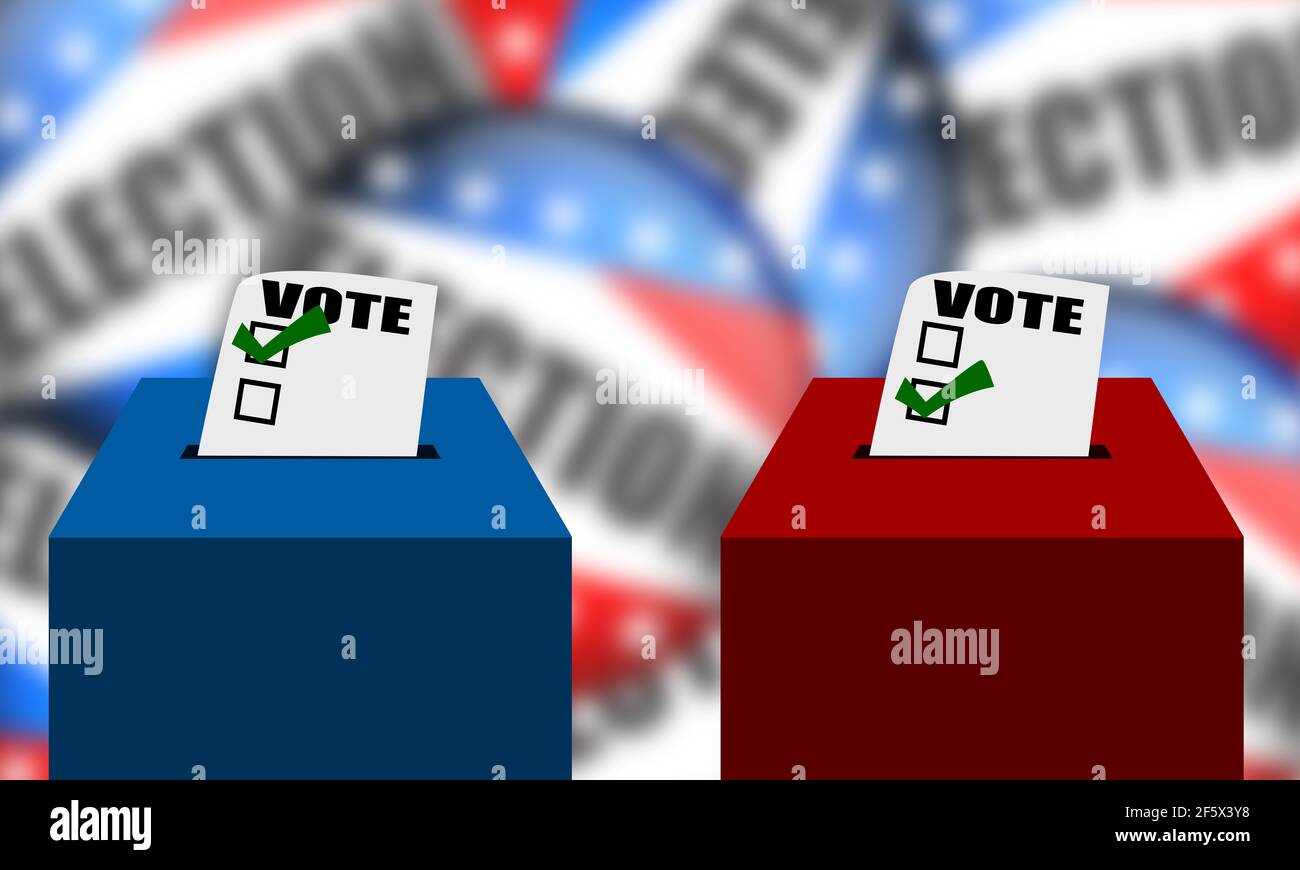 An illustration of red and blue boxes with "VOTE" checked notes in them ...