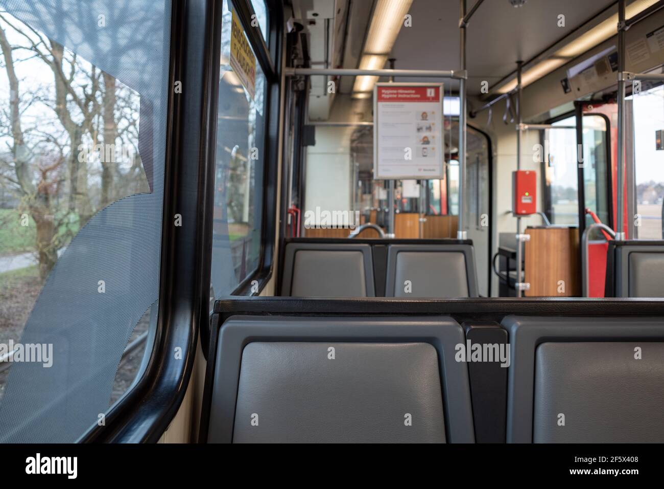 Interior view inside empty passenger trains or light rail tram of ...
