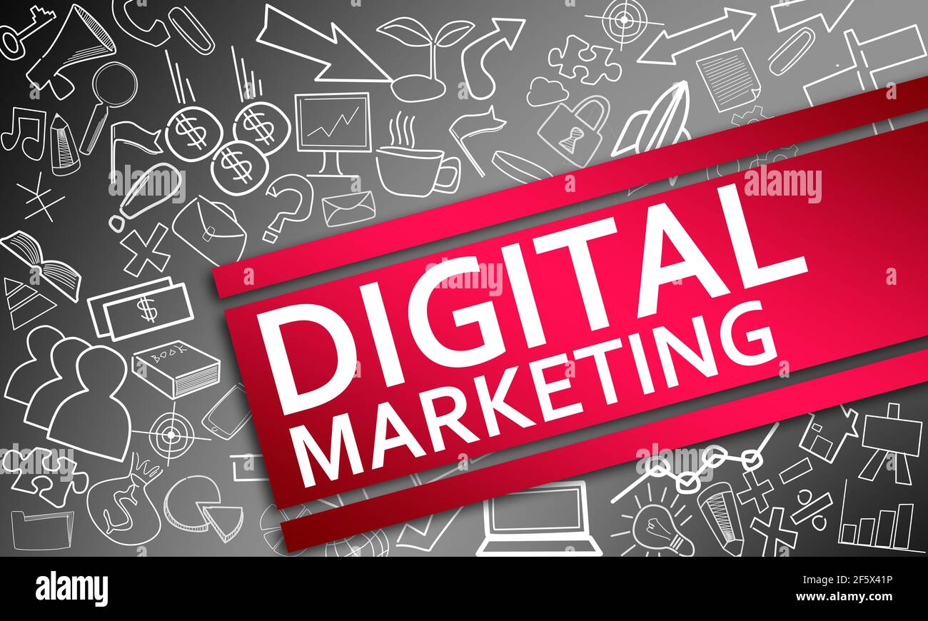 An illustration of a red "DIGITAL MARKETING" sign on a gray background ...
