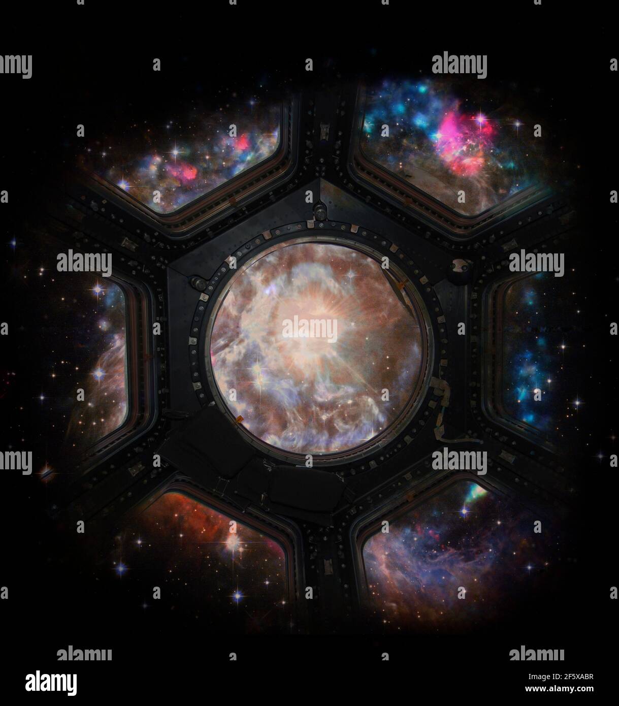Colored galaxy from the hatch of a spaceship. The elements of this ...