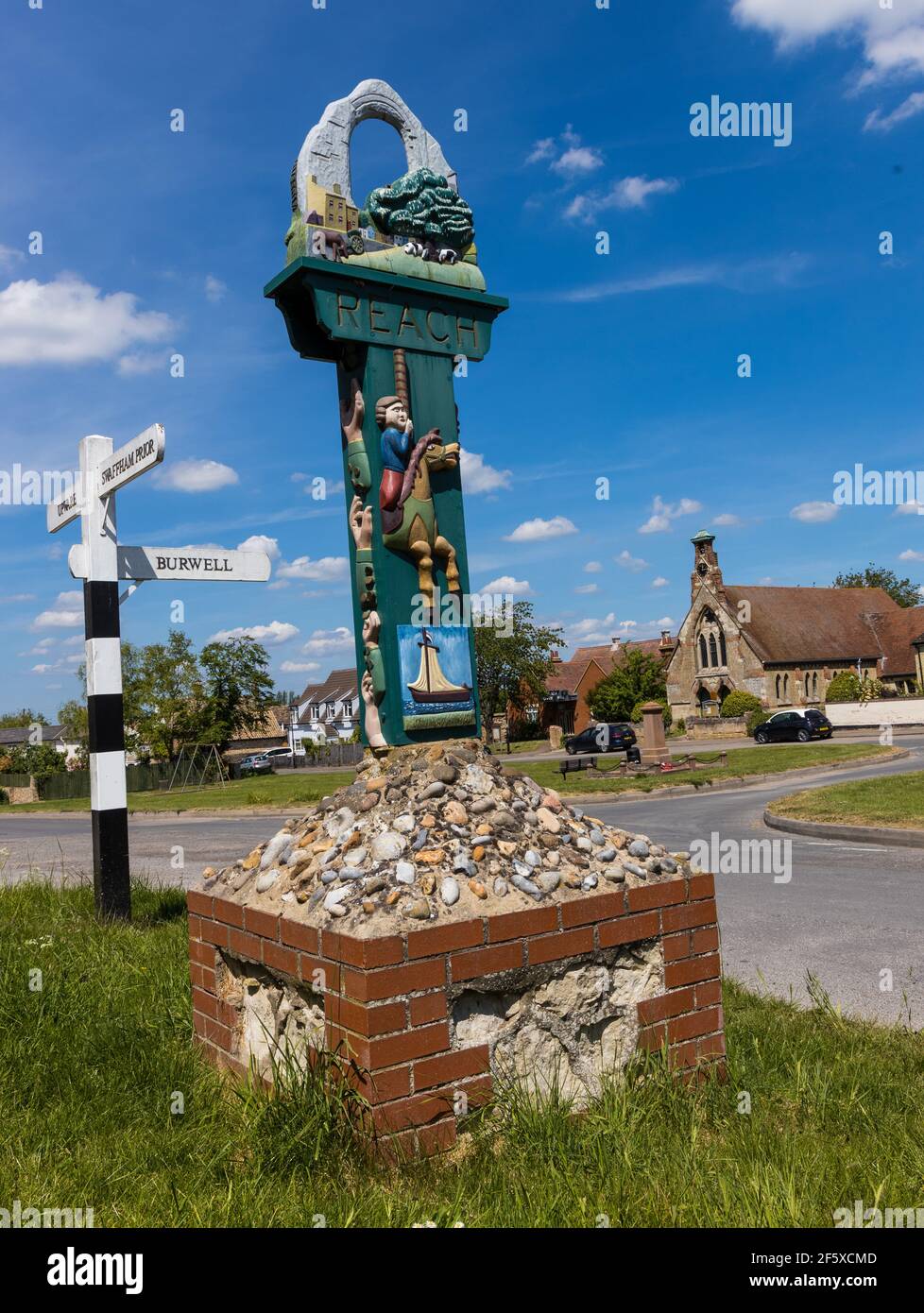 Signpost and fancy village sign at Reach village green Fair Green ...