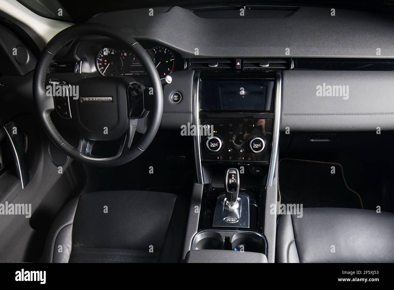 Moscow, Russia - December 20, 2019: Black leather Interior of premium ...